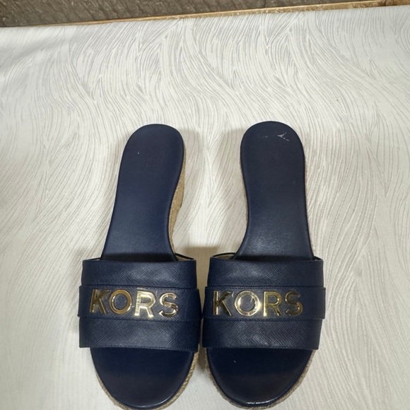 Michael Kors | Shoes | Michael Kors Dark Blue Slides With Gold Logo ...